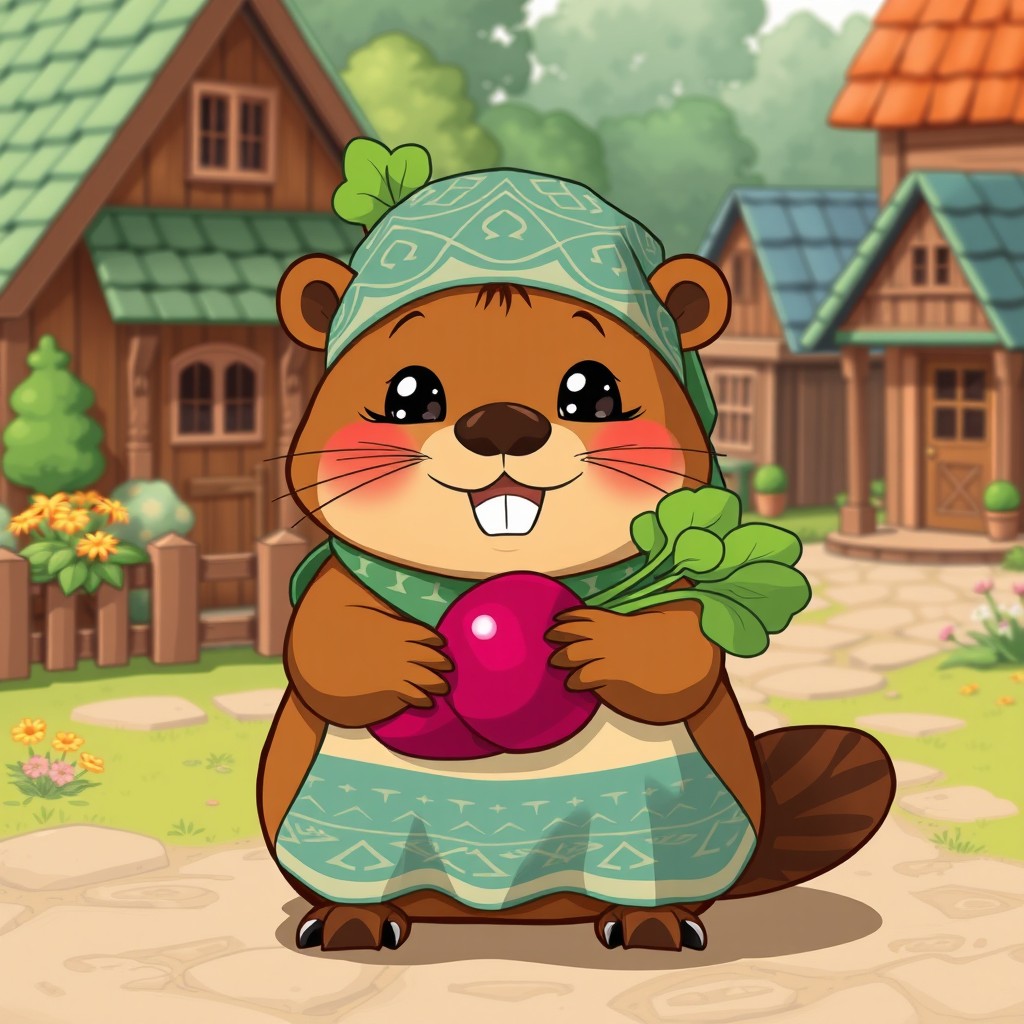 Whimsical Beaver in Soviet Babushka - Charming Anime Art