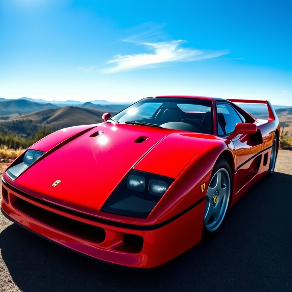 Stunning Red Ferrari F40 in Scenic Landscape | Idyllic AI