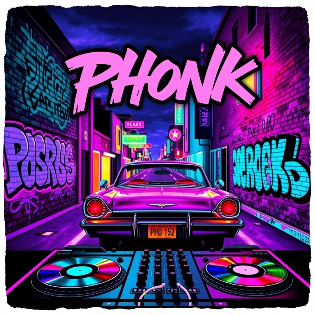 Energetic Phonk Album Cover Design with Retro Car & Urban Vibes
