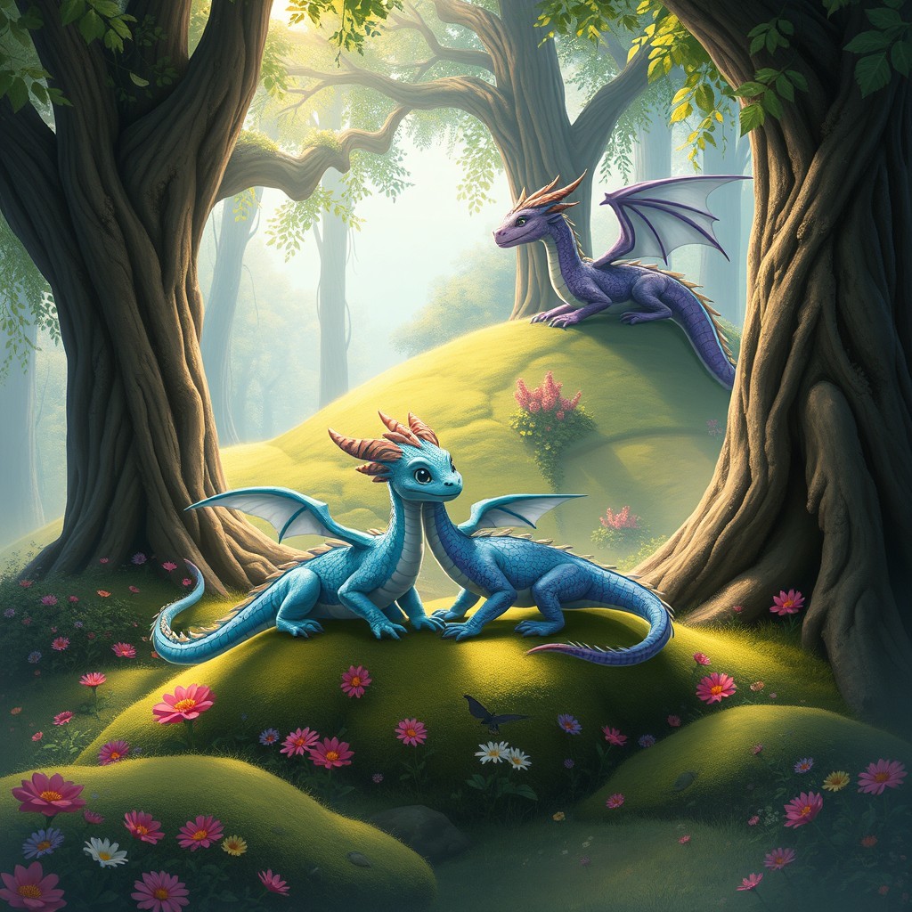 Enchanting Sibling Dragons in a Vibrant Fantasy Forest
