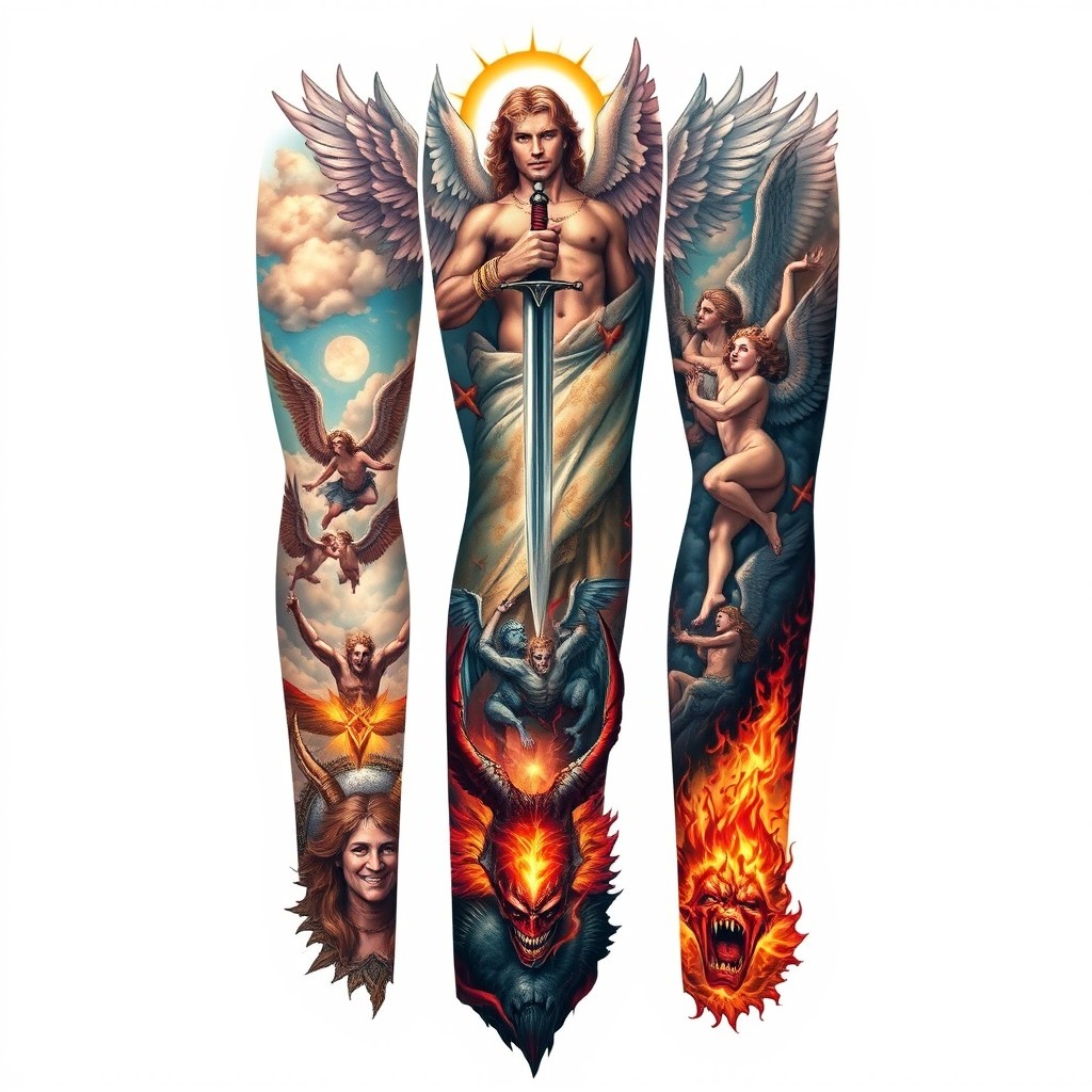 Celestial Arm Sleeve Tattoo Design: Archangel Michael to Lucifer's Fall