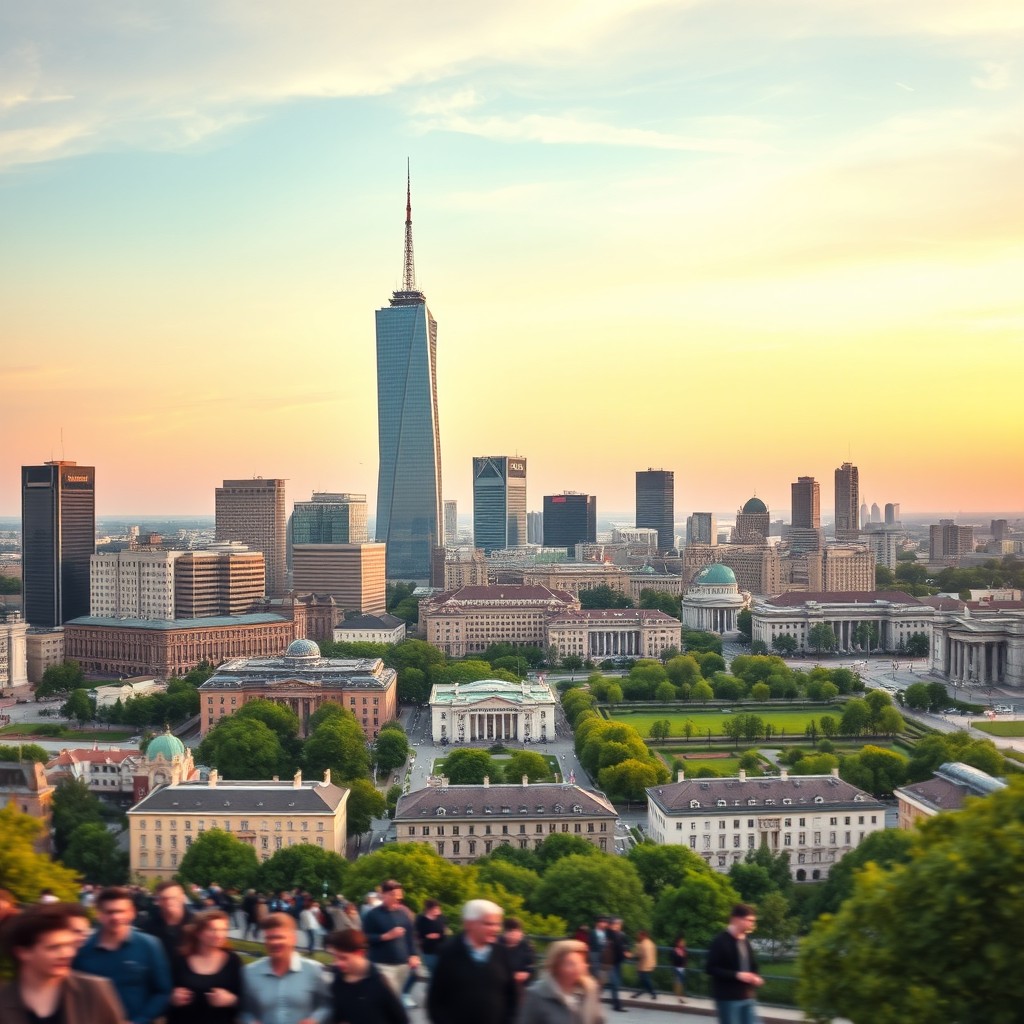 Stunning Panoramic View of Warsaw's Iconic Skyline at Sunset