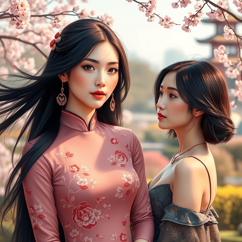 Elegant Portraits of Asian Women in a Serene Garden