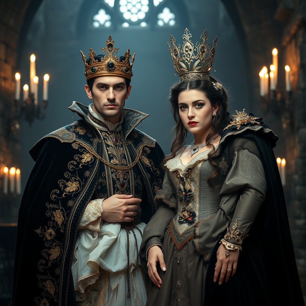 Regal Vampire King and Queen in Luxurious 15th-Century Attire