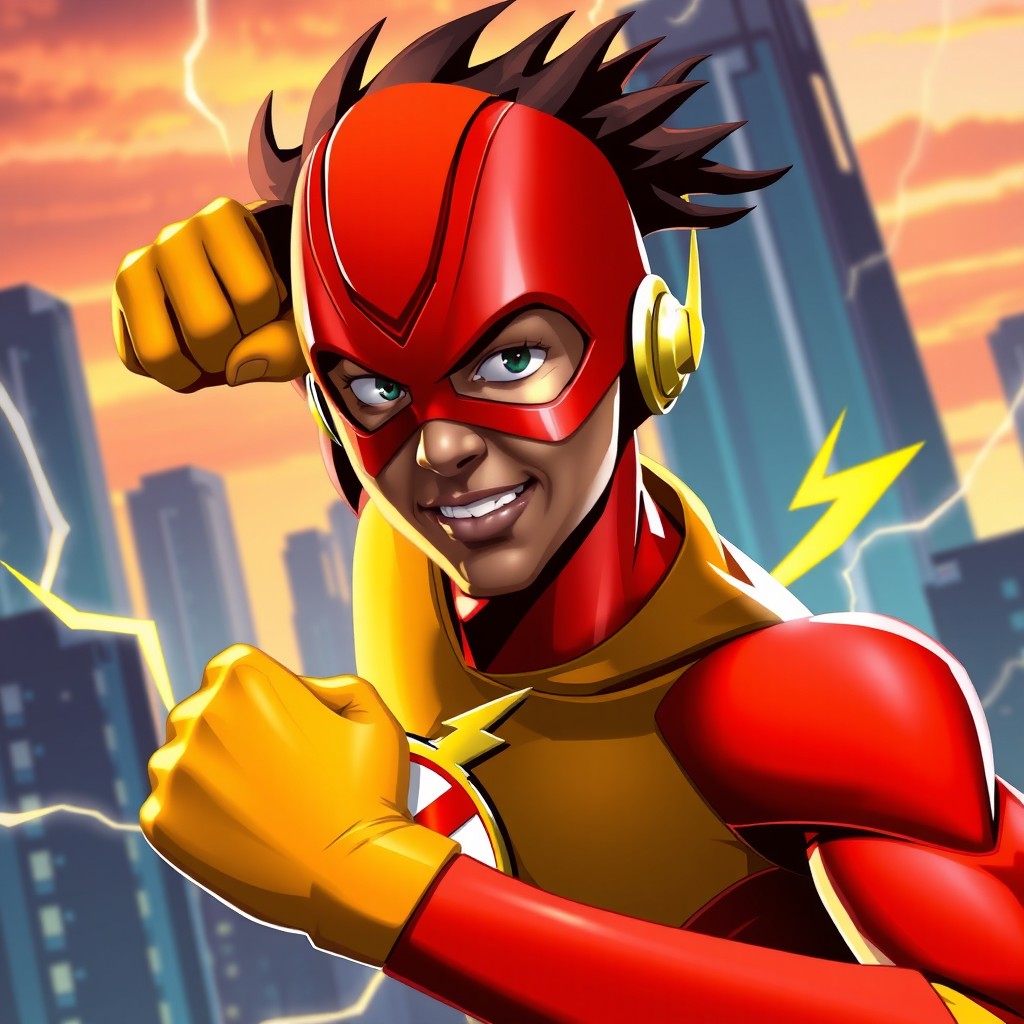 Dynamic Superhero Scene: Diddy as Kid Flash in a Futuristic City