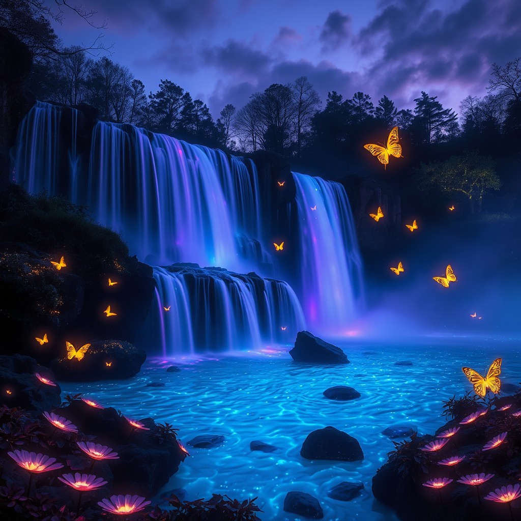 Enchanting Twilight Waterfall: A Mystical AI-Generated Scene