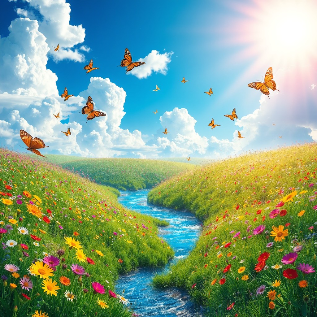 Vibrant Color Explosion: A Serene Landscape with Butterflies