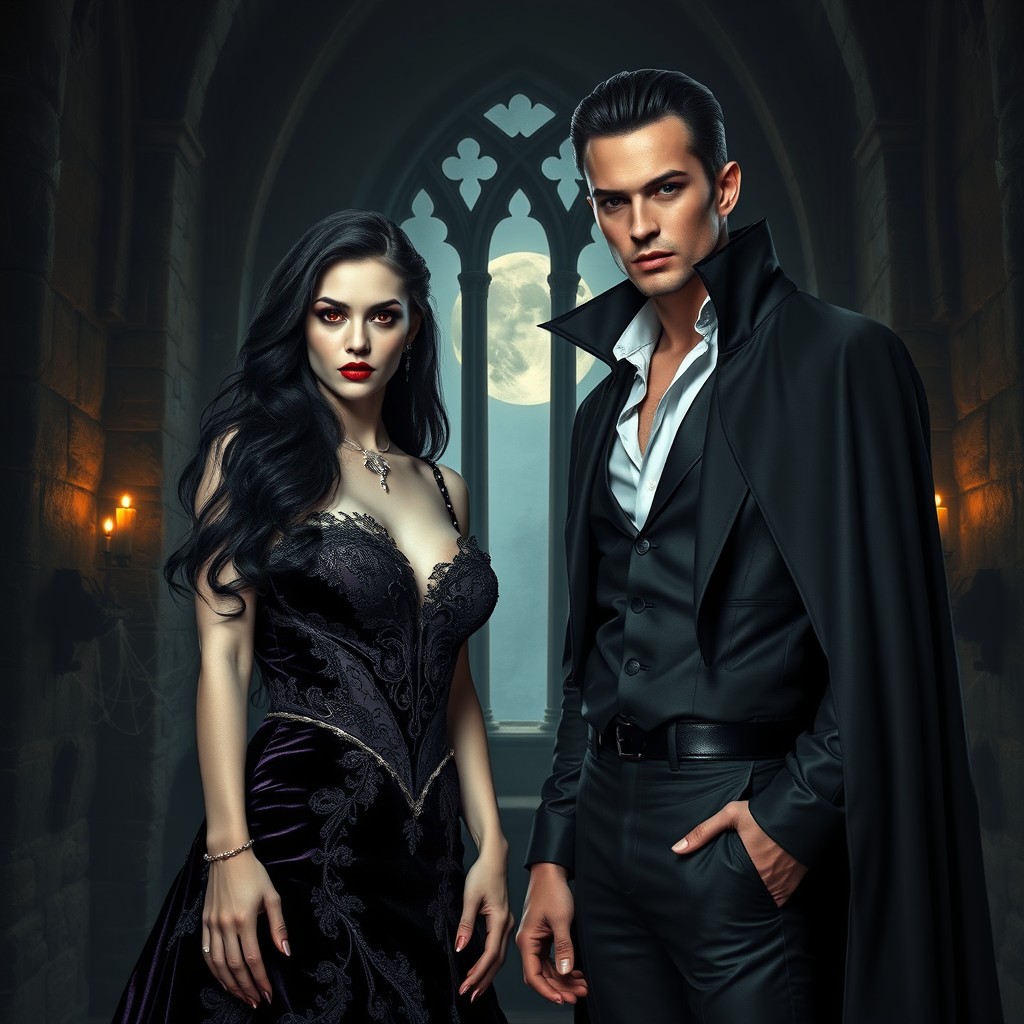 Gothic Elegance: Enigmatic Vampire Duo in Moonlit Castle