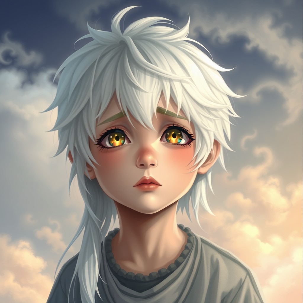 Mystical Boy with Three Sets of Eyes in a Dreamlike Landscape