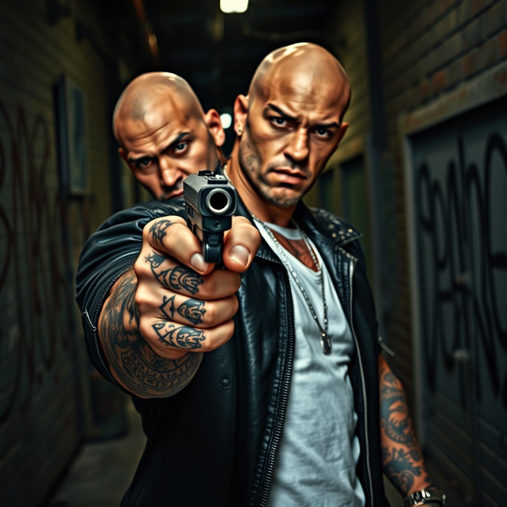 Bald Gangster in Urban Alleyway | Intricate Tattoos & Menacing Style