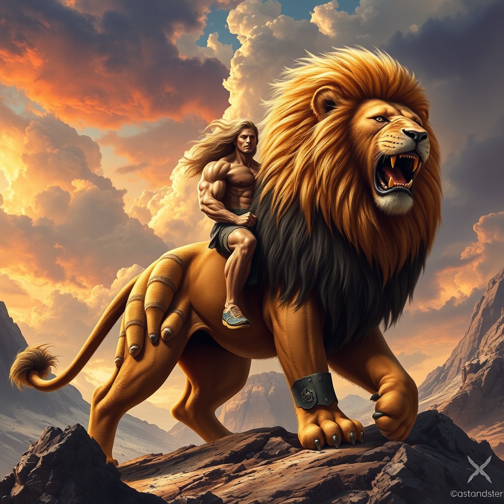 Epic Heroic Scene: Muscular Man Riding a Giant Lion