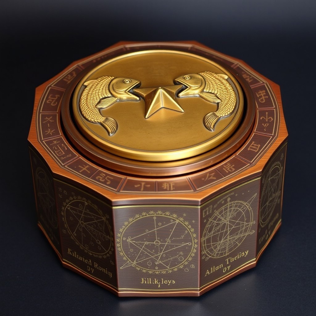 Elegant Celestial Tea Box Design with Rotating Bronze Disk