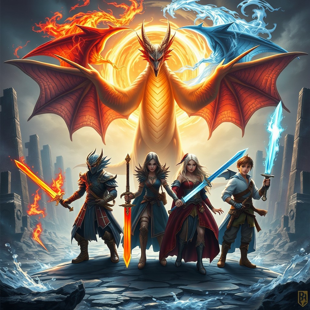 Epic Fantasy Action: The Four Dragon Guardians Unite Against Evil