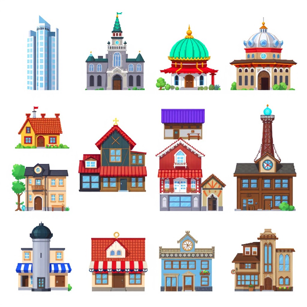Charming Pixel Art Buildings: 16 Unique Designs in 36x36 Sprites