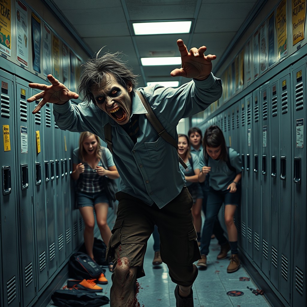 Terrifying Zombie Attack in a Chaotic School Hallway
