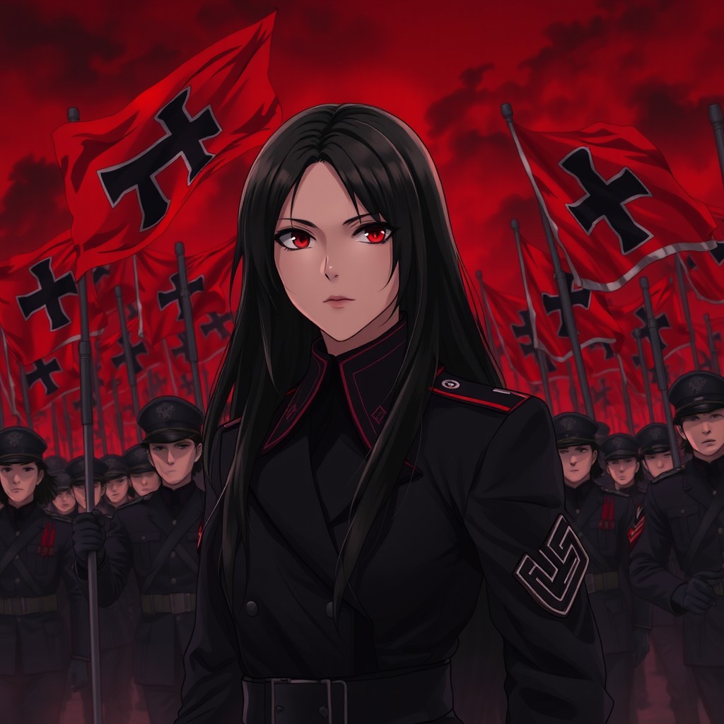 Dark Realism Anime: Commanding Military Officer Amidst Ominous Troops