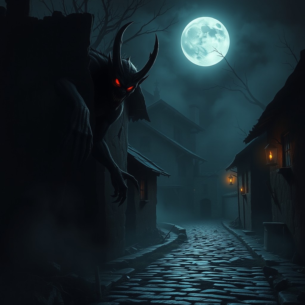 Sinister Demon in a Haunting Village at Night | Idyllic AI Art