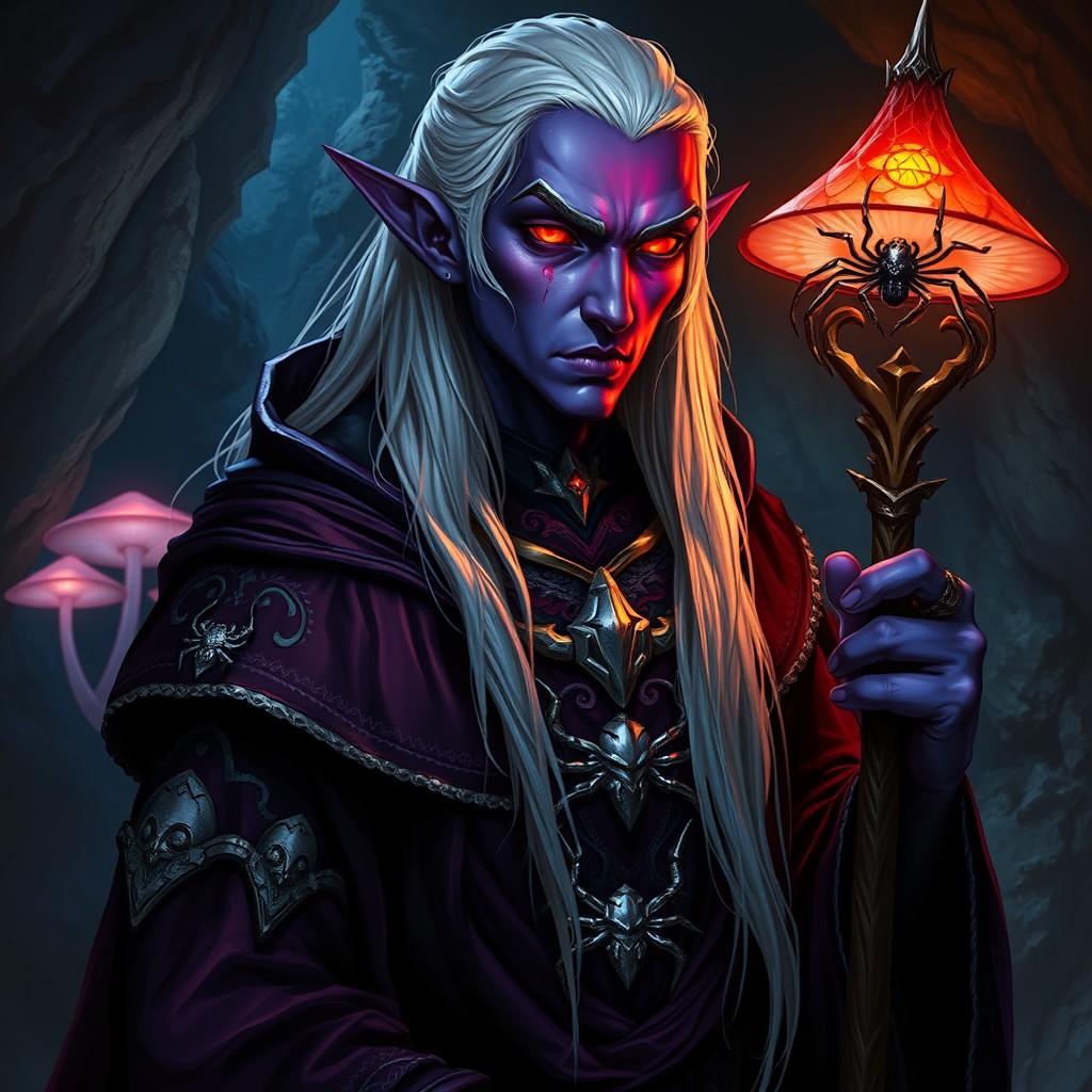 Vibrant Drow Priest of Lloth in the Underdark