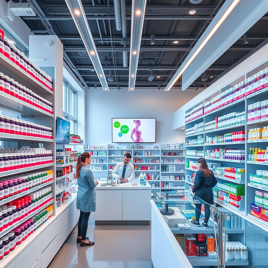Modern Pharmacy Interior: Vibrant Designs & Customer Interaction