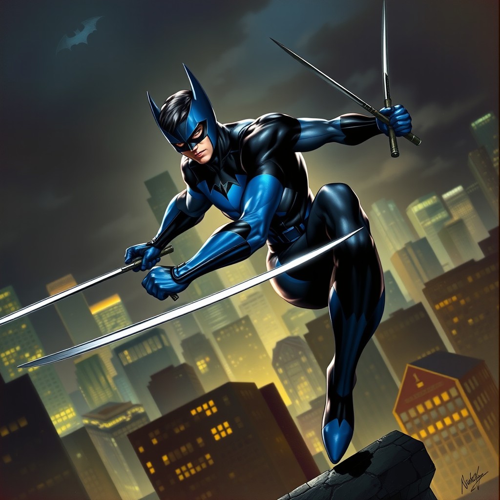 Dynamic Nightwing in Action | Captivating Gotham Cityscape