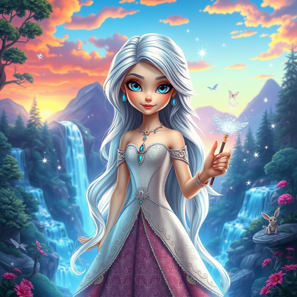 Enchanting Silver-Haired Princess in a Magical Fantasy Landscape