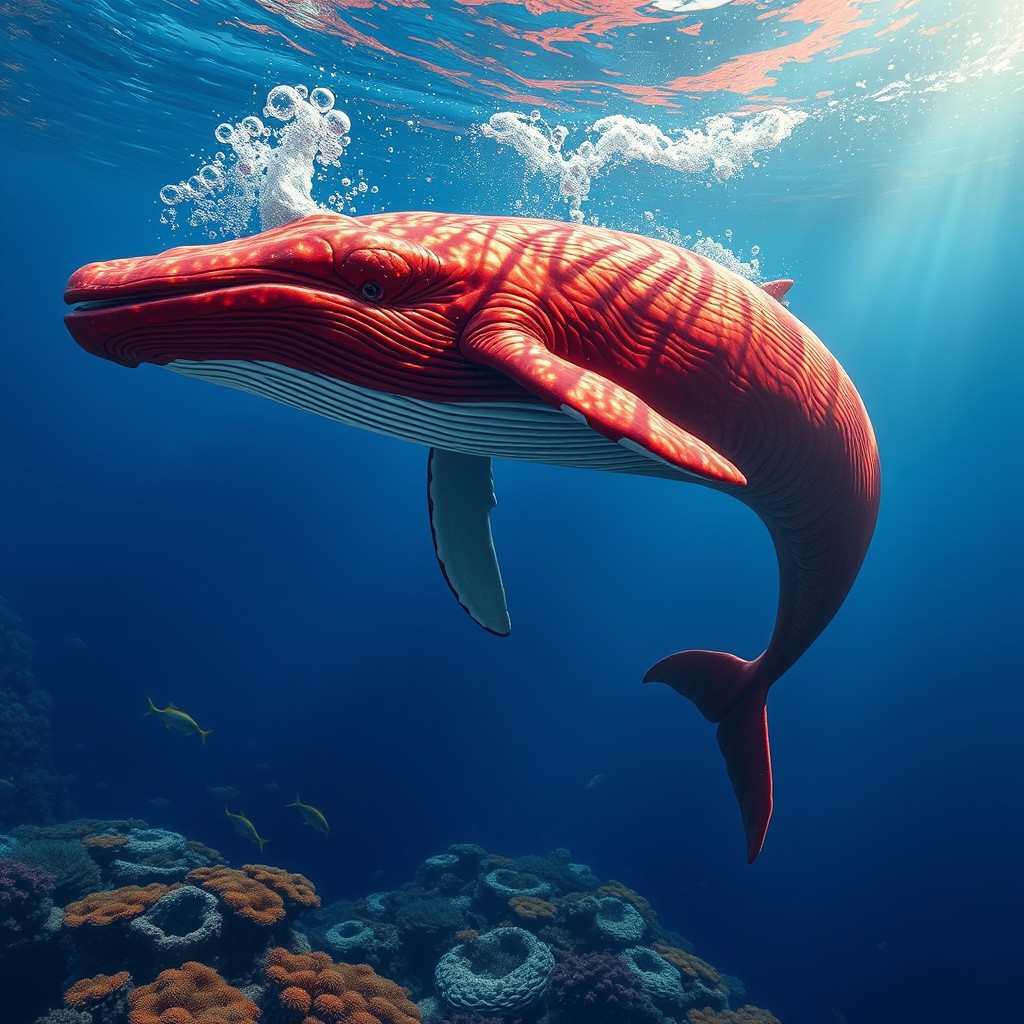 Stunning Ultra Photorealistic Red Whale in Deep Blue Ocean