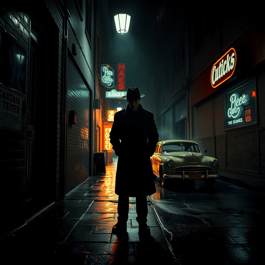 Cinematic Film Noir Scene: Mystery in the Urban Shadows