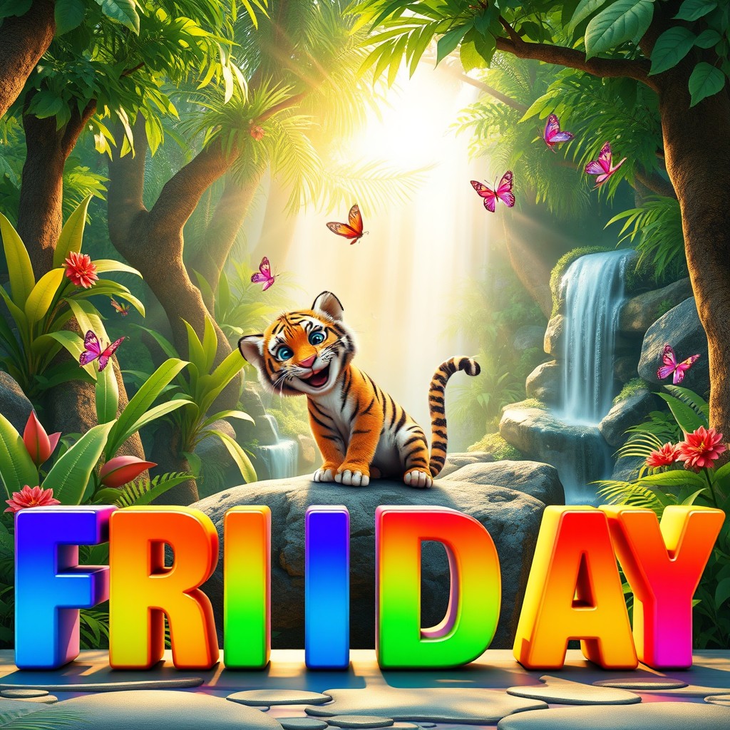 Magical Jungle Adventure: Happy Tiger Cub & Vibrant 'FRIDAY' Letters