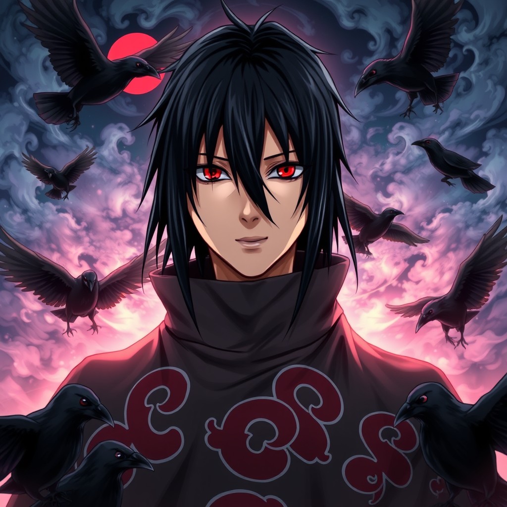 Stunning Itachi Uchiha Portrait Art with Crows and Night Sky