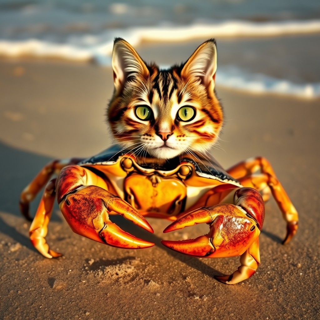 Whimsical Crab-Cat Creature on a Sunny Beach