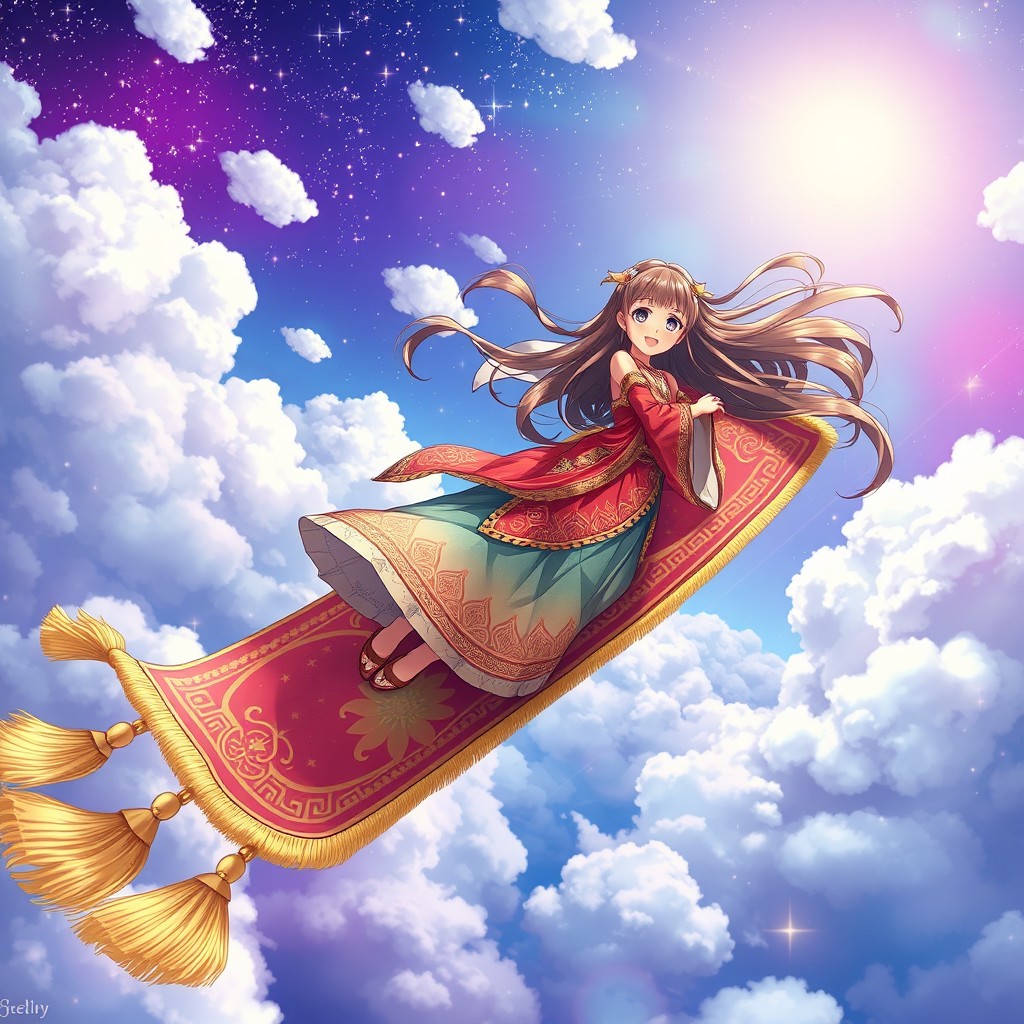 Anime Adventure: Girl on a Magic Carpet in a Vibrant Sky