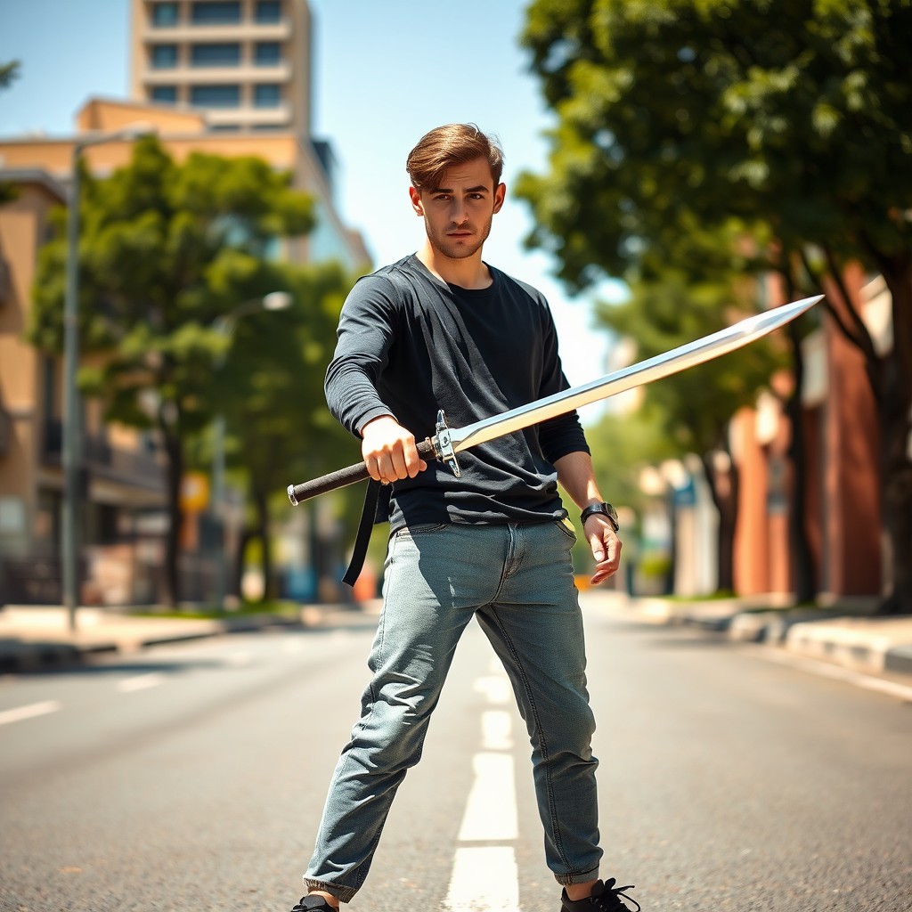 Heroic Urban Adventure: A Modern Young Man with a Sword