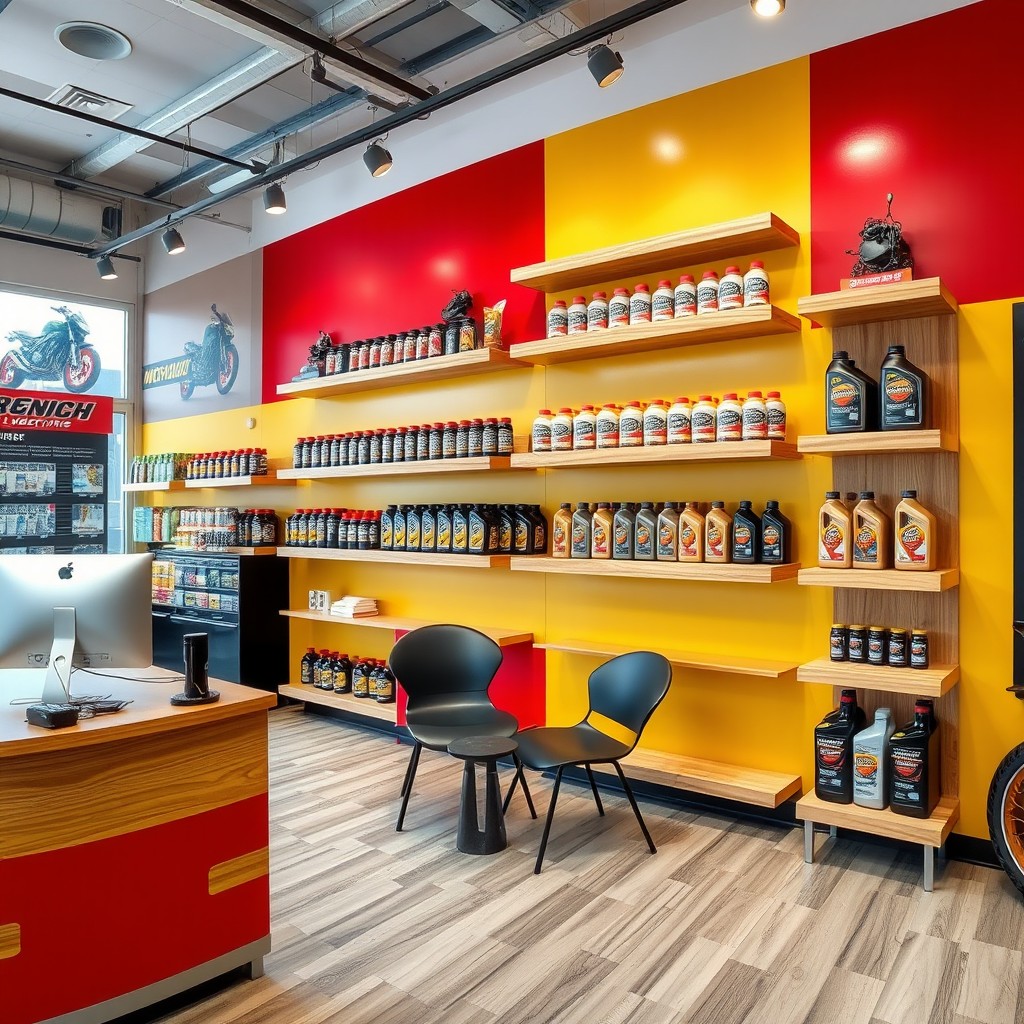Vibrant Motorcycle Lubricant Retail Space Design | Idyllic Ideas