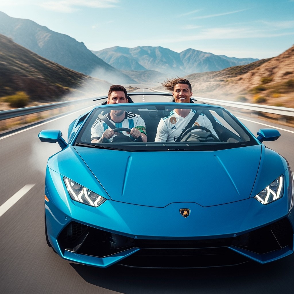 Lionel Messi Drives a Blue Lamborghini with Cristiano Ronaldo: An Epic Ride
