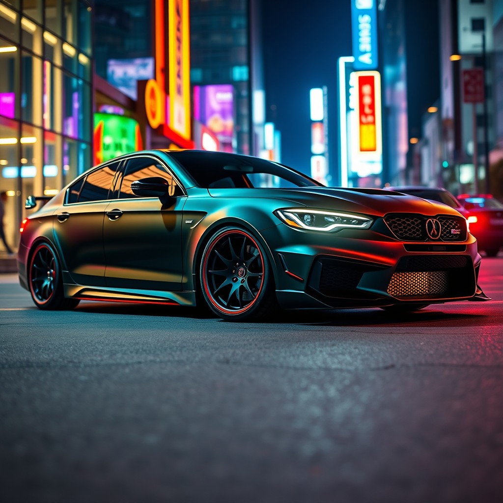 Sleek Customized Car Designs: Matte Black & Neon Accents