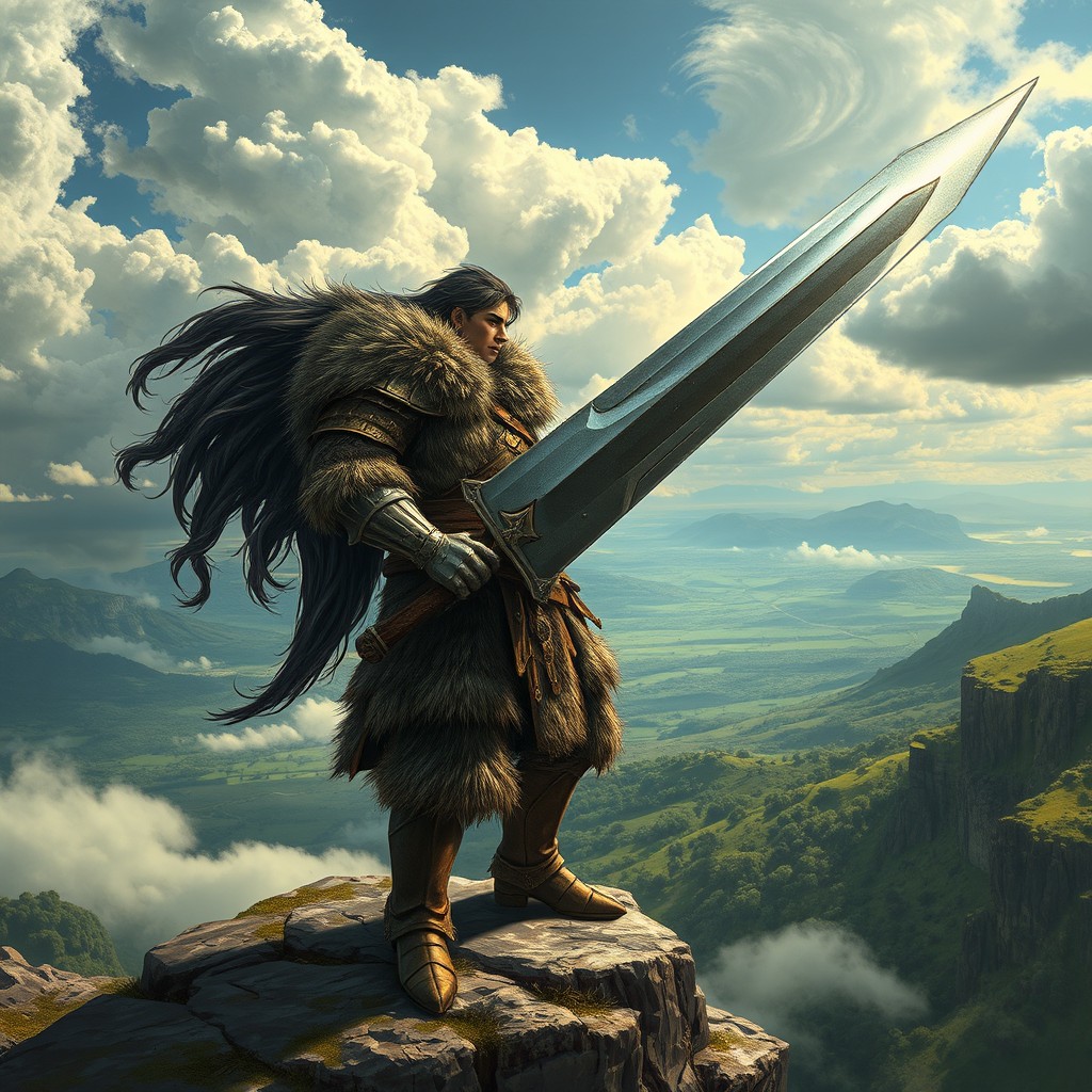 Epic Dark-Haired Knight in Fur Armor: A Fantasy Landscape Awaits