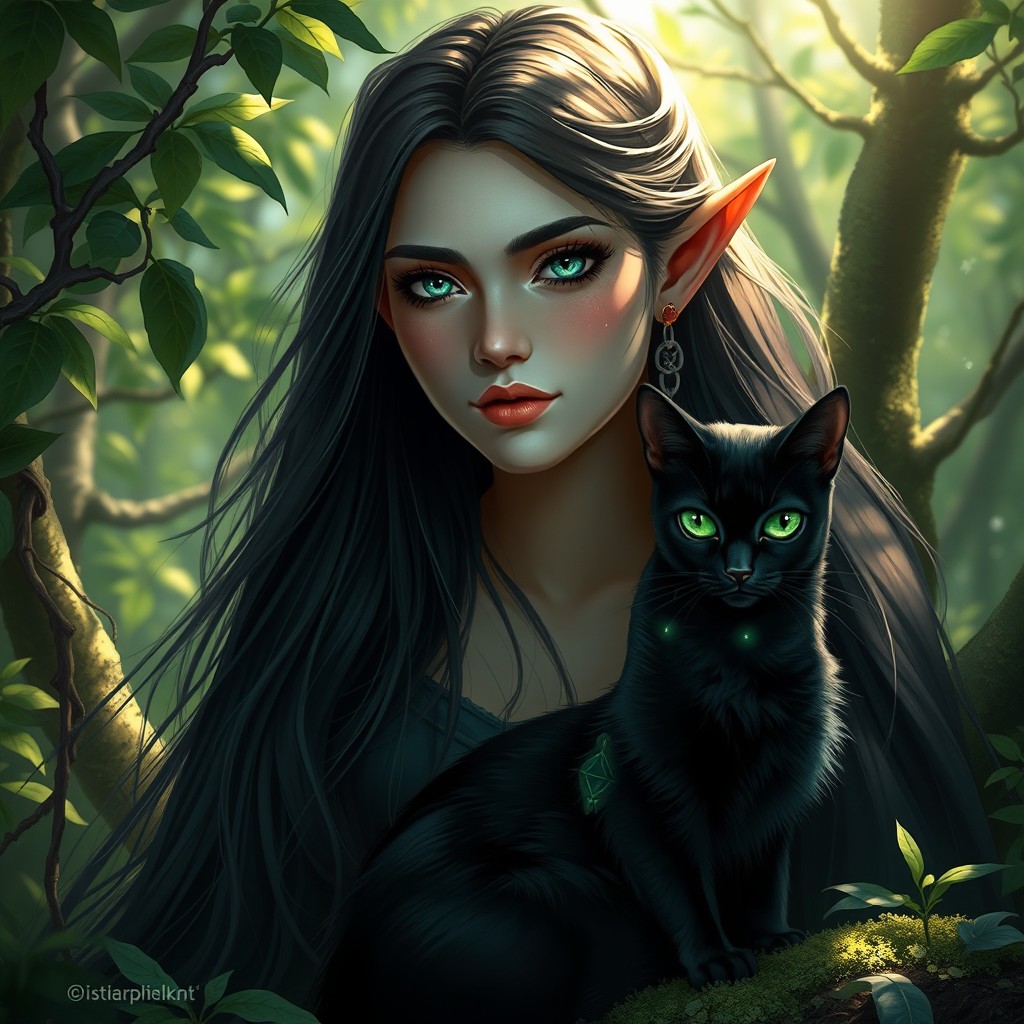 Enchanting Wood Elf and Her Magical Familiar in a Mystical Forest