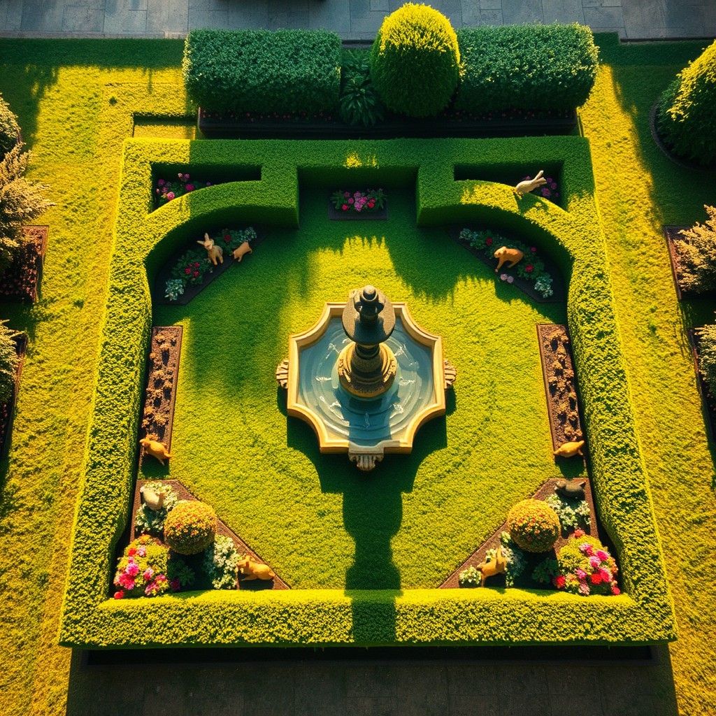 Aerial View of a Stunning Rectangular Garden with Fountain