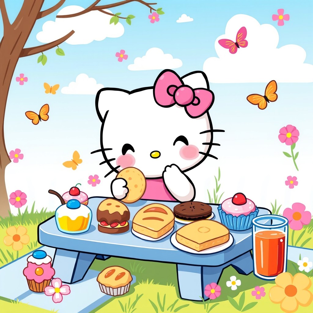 Hello Kitty's Joyful Picnic: A Playful Illustration of Food and Fun
