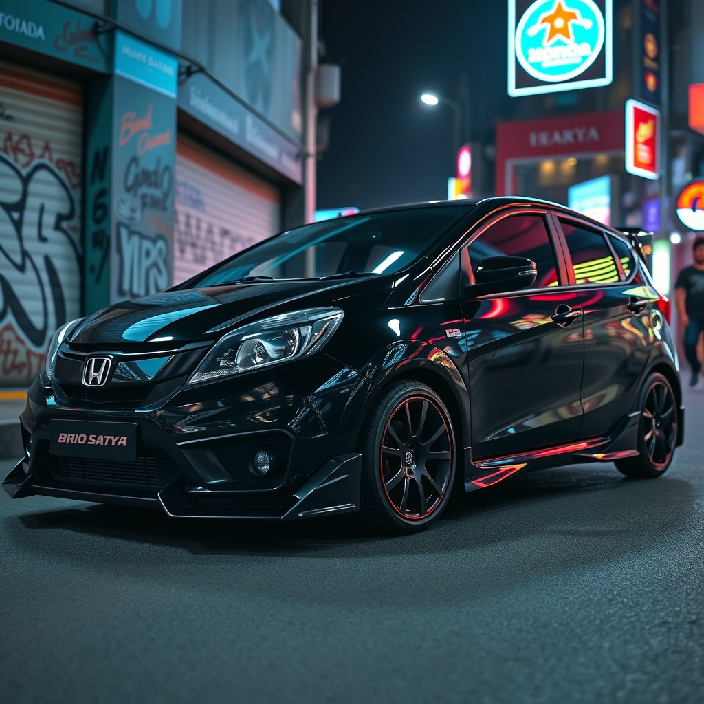 Sleek Modified Honda Brio Satya in Neon City Nightscape