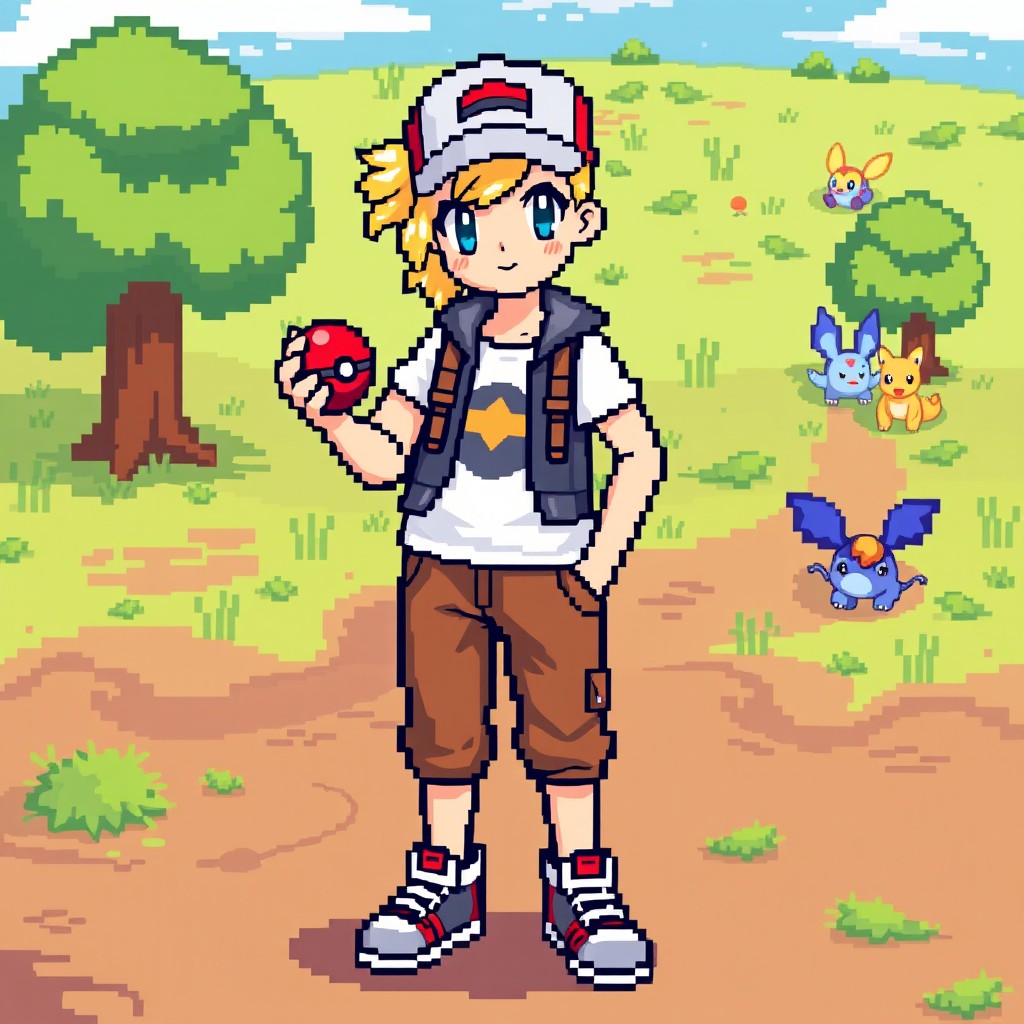 Pixel Art Pokémon Trainer: Confident and Ready to Battle