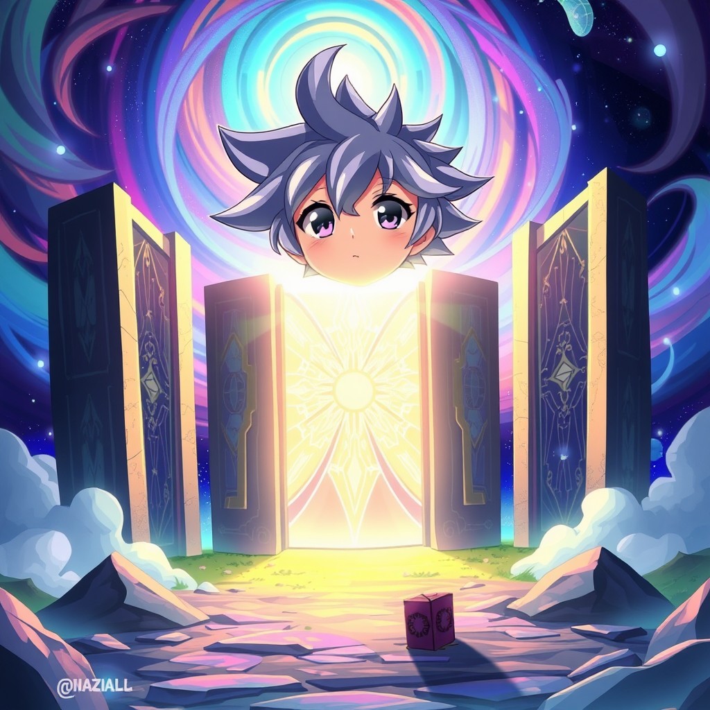 Anime Character at Dimensional Gates: A Vibrant Cosmic Adventure