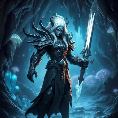 Epic Drow Templar Warrior in Enchanting Cavern - A Fantastical Art Journey