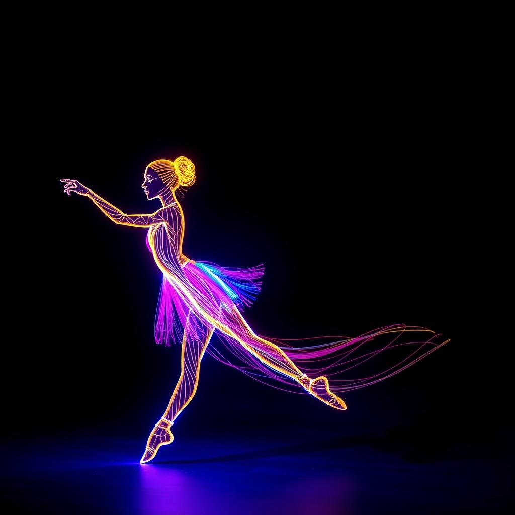 Dynamic Ballerina Silhouette in Neon Threads - Ethereal Dance Art