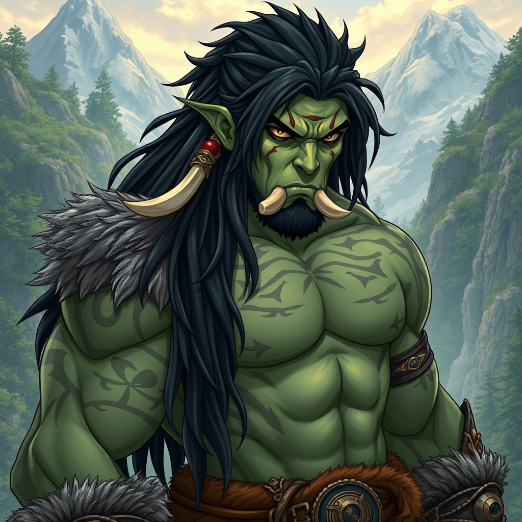 Majestic Half-Orc Chief: A High-Fantasy Anime Artwork