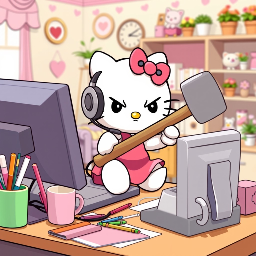 Hello Kitty's Hilarious Meltdown at the Desk | Cartoonish AI Art