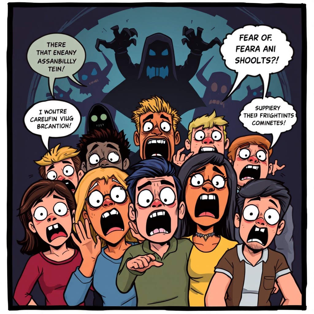 Comic Illustration of Fear: Exaggerated Expressions in a Dark Setting