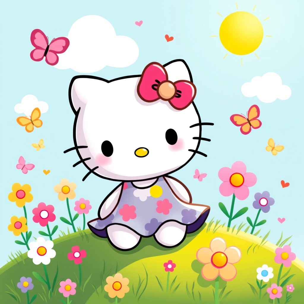 Vibrant Hello Kitty Illustration Surrounded by Flowers and Butterflies