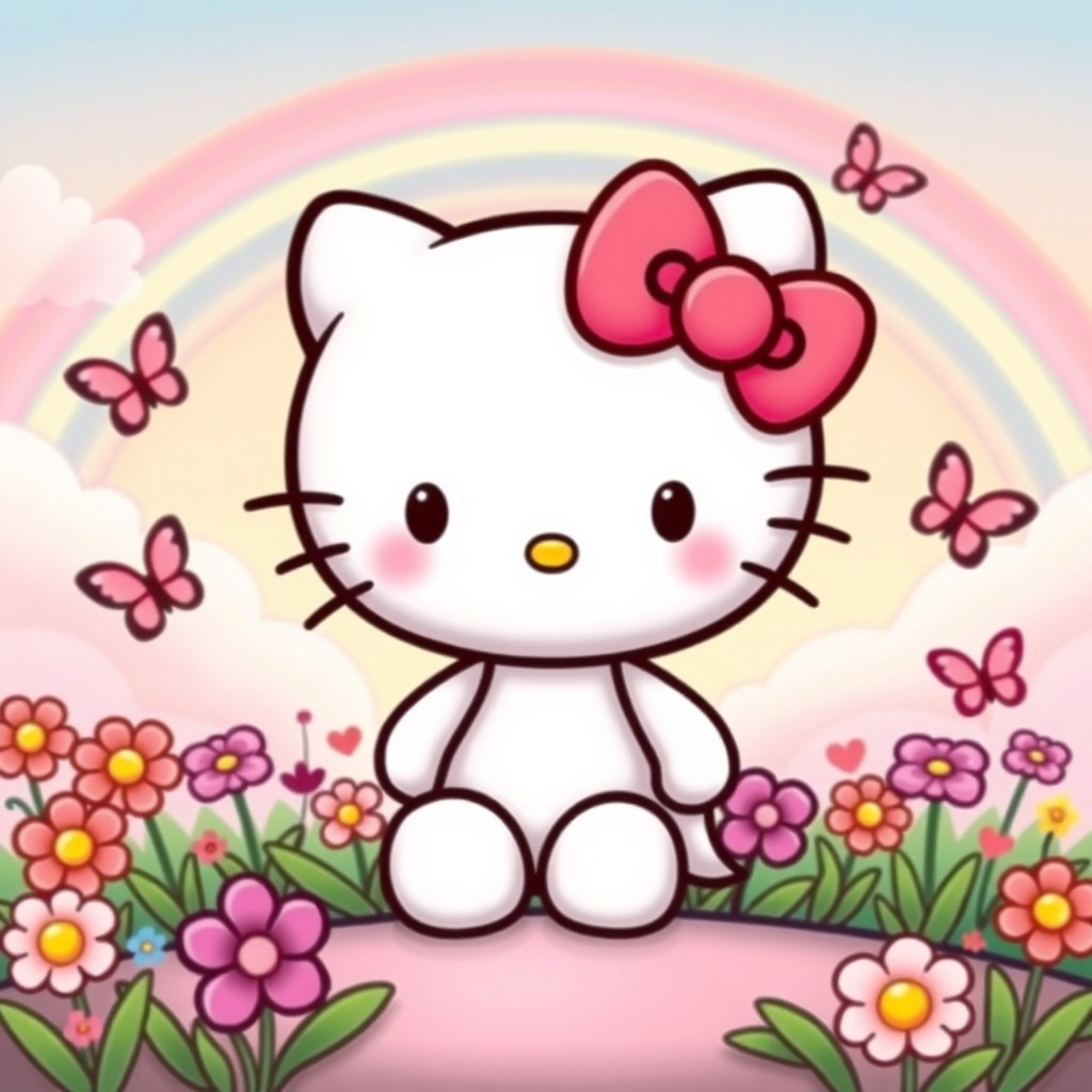 Adorable Hello Kitty Inspired Cartoon Character in a Whimsical Setting