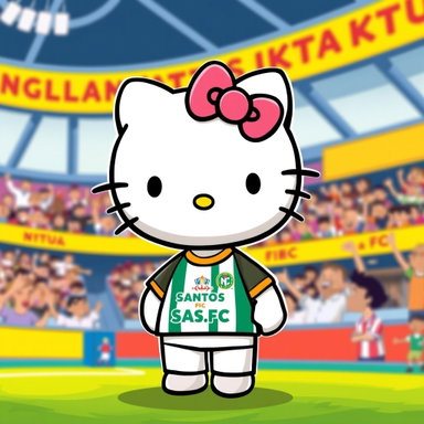 Cute Hello Kitty Illustration in Santos FC Jersey at Vibrant Stadium